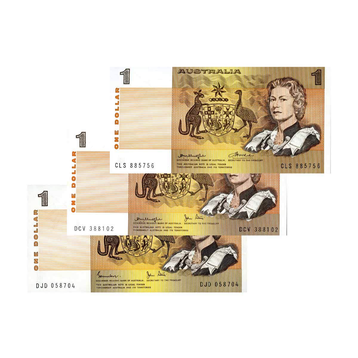 Australia 1976-82 Last Three $1 Uncirculated Banknote Set – Downies ...