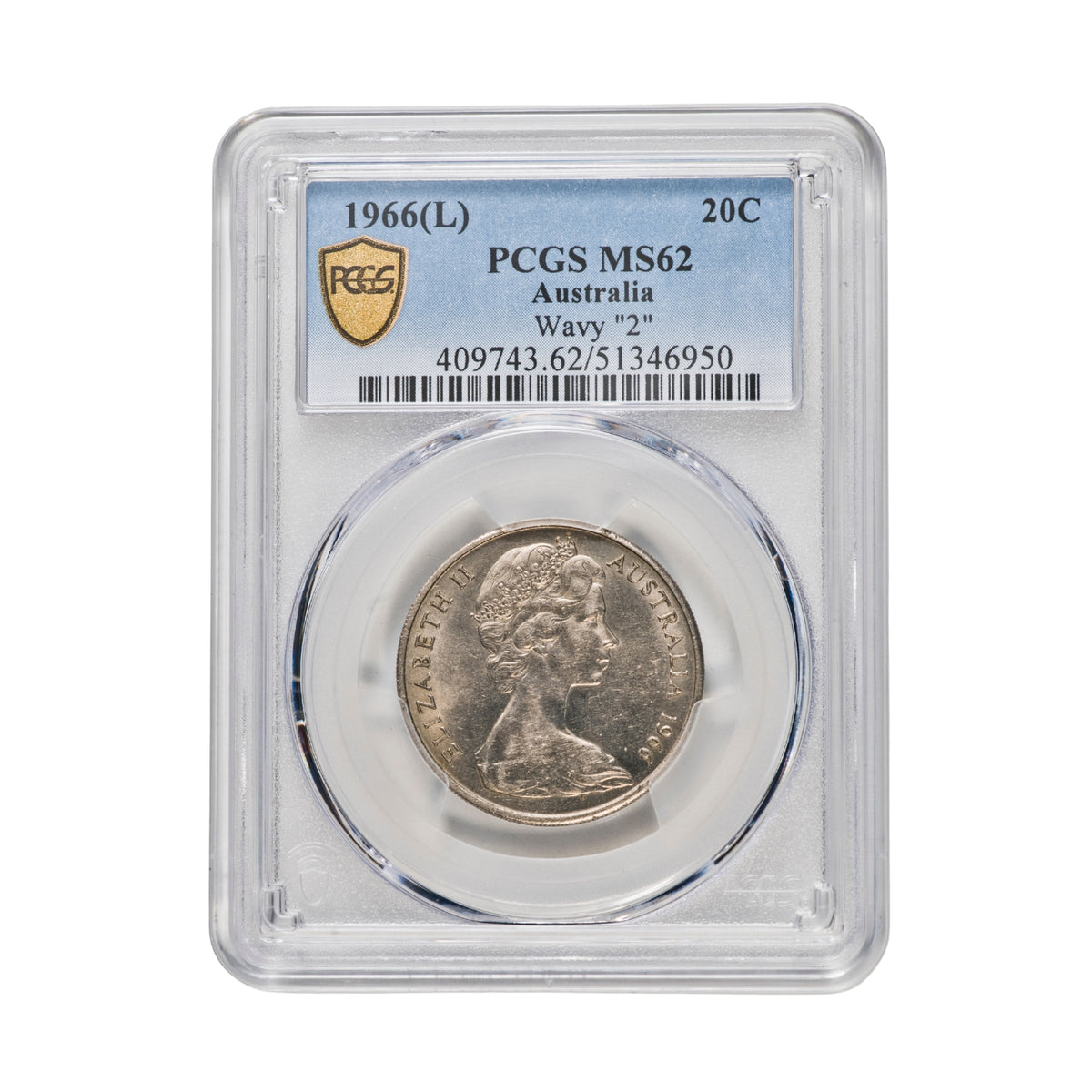 Australia 1966 20c Wavy '2' Coin PCGS MS62 (Uncirculated) – Downies ...