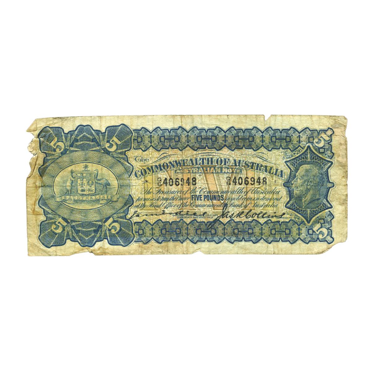Australia George V 1924 £5 R38b Kell/Collins Fair-Fine with faults Ban ...