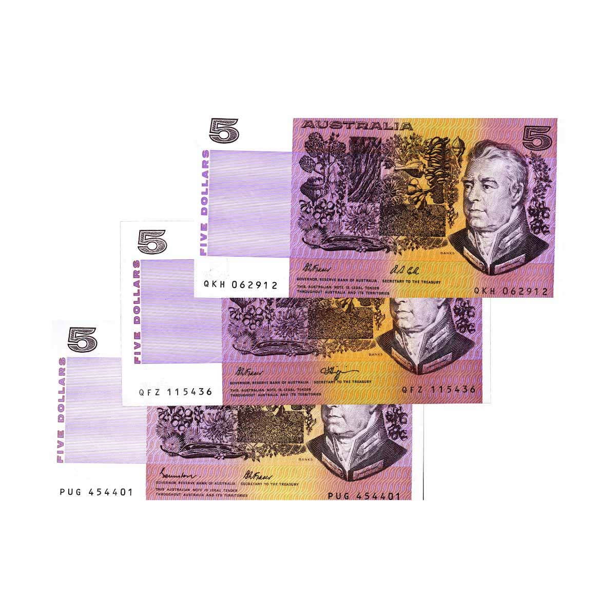 Australia 1985-91 Last Three Paper $5 Uncirculated Banknote Set ...