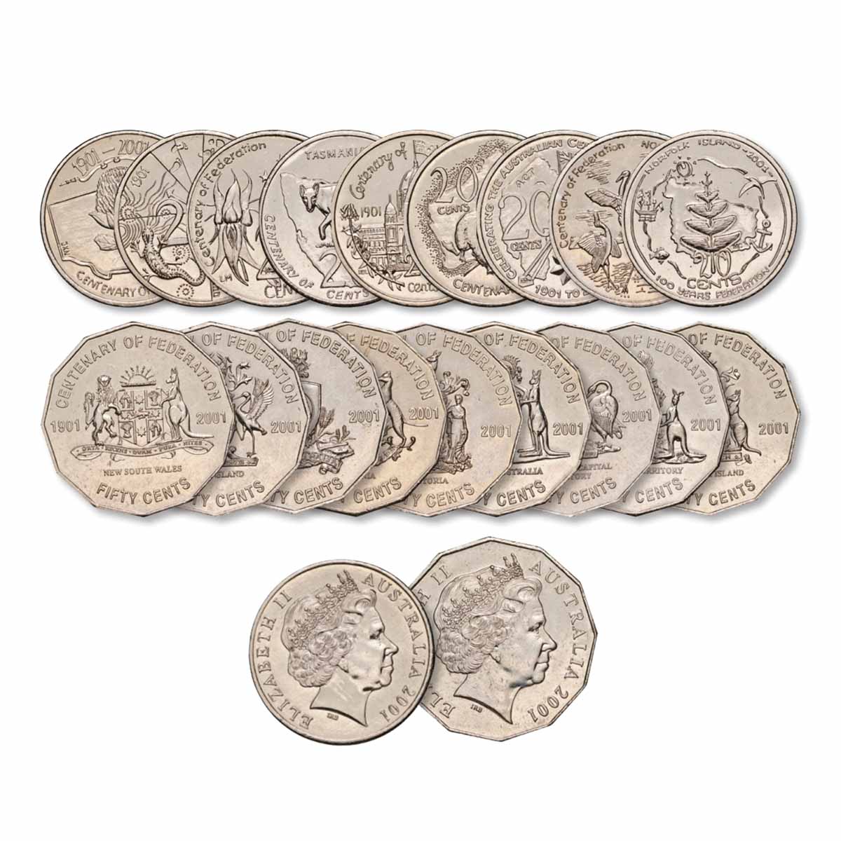 2001 20c & 50c Federation States & Territories 18-Coin Set Extremely F ...