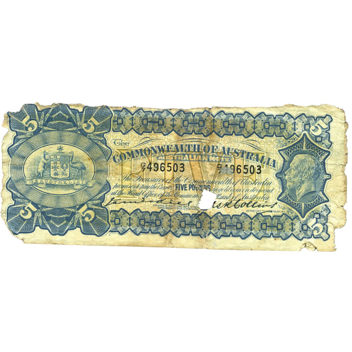 Australia George V 1924 £5 R38bL Kell/Collins Last Prefix Good-about V ...
