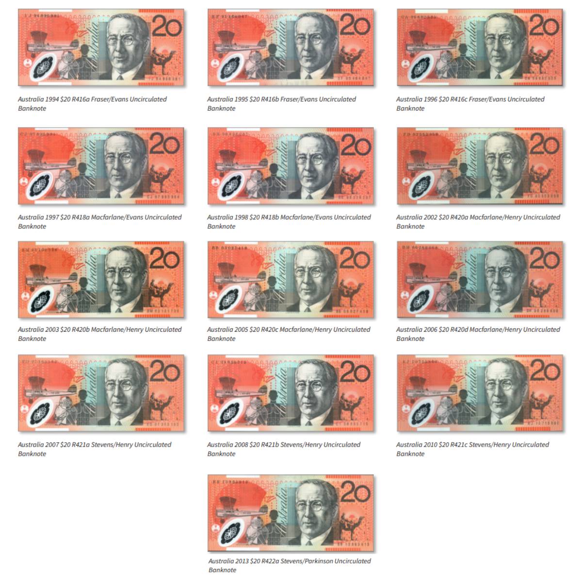 Australia $20 Banknote 1994-2013 Polymer Uncirculated 13-Note Collecti ...