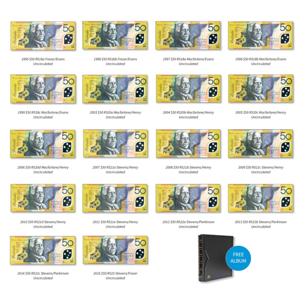 Australia $50 Banknote 1995-2016 Polymer Uncirculated 18-Note Collecti ...