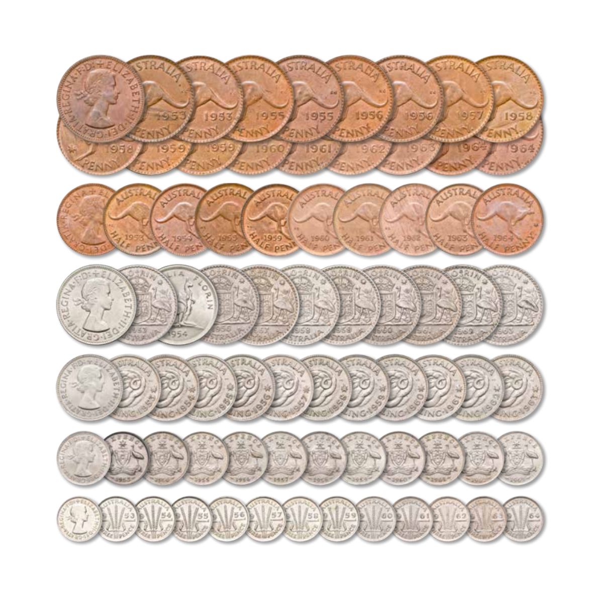 Australia Elizabeth II 1953-64 Complete Predecimal Uncirculated 71-Coi ...