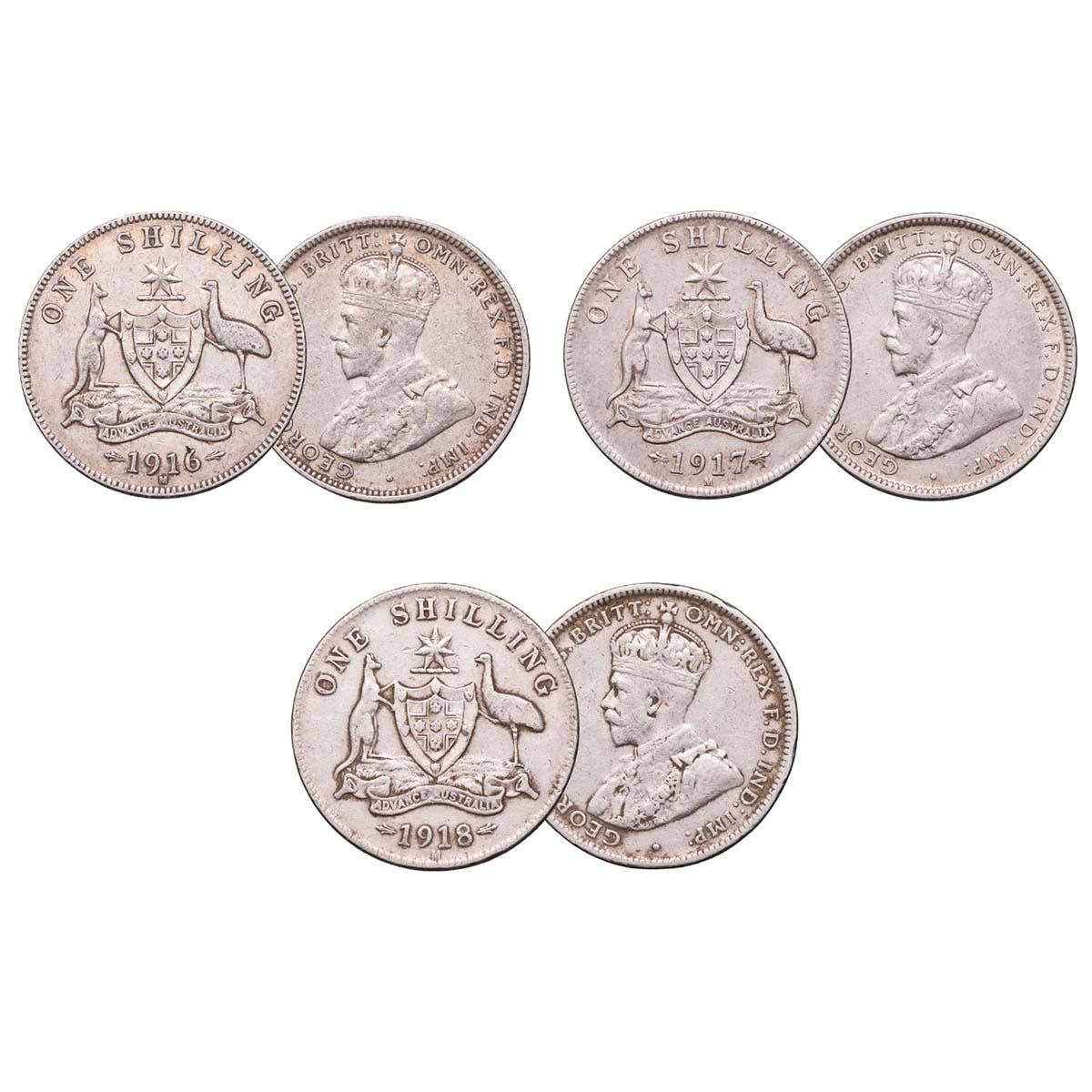 1916, 1917 & 1918 Shilling Trio Very Fine – Downies Collectables